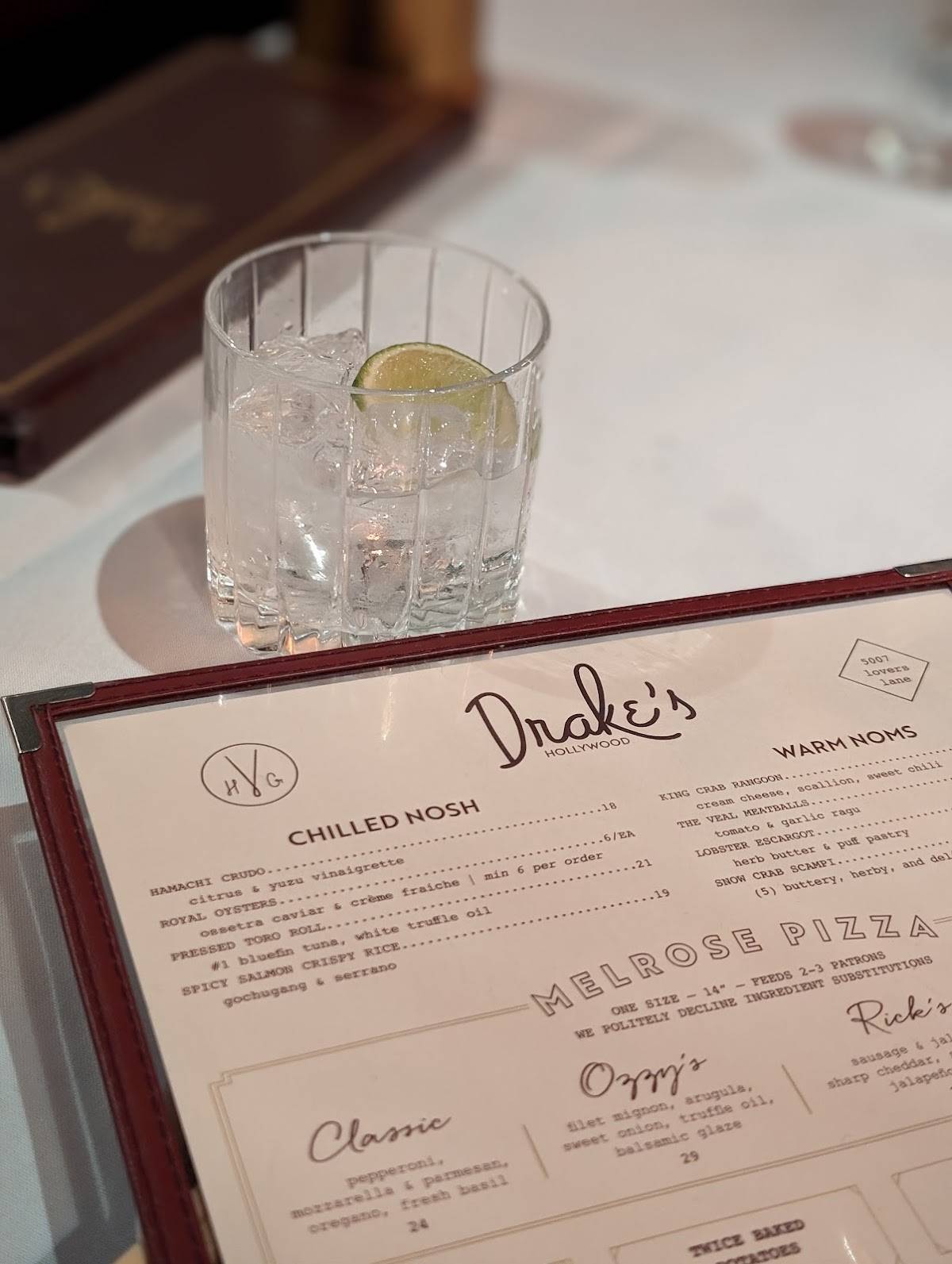 Menu at Drake's Hollywood restaurant, Dallas