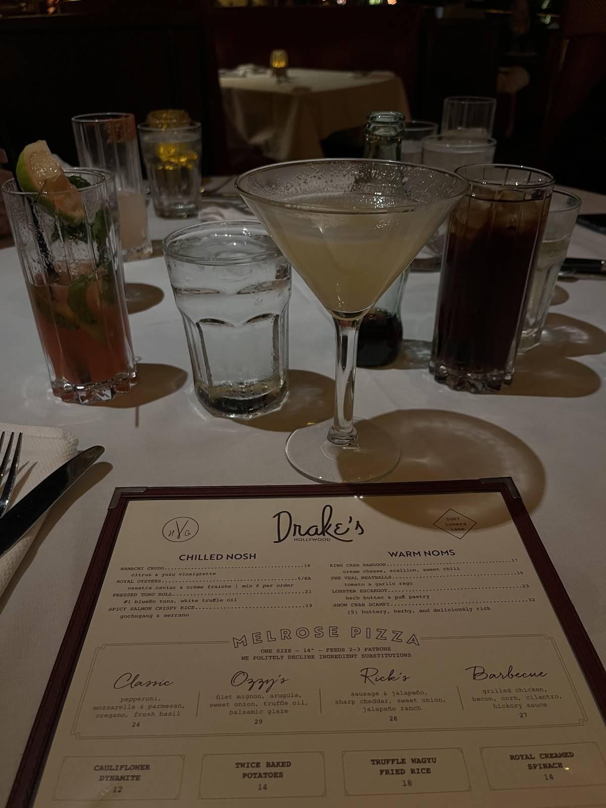 Menu at Drake's Hollywood restaurant, Dallas