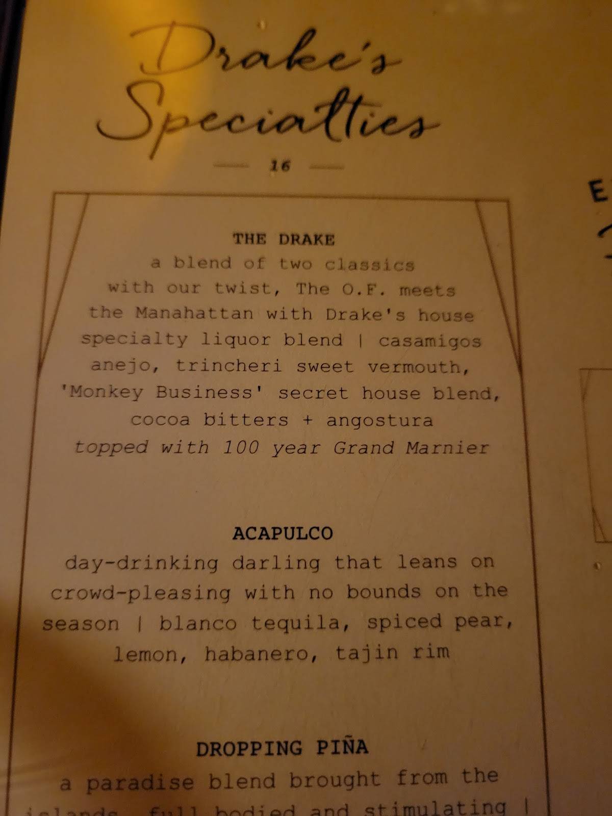 Menu at Drake's Hollywood restaurant, Dallas
