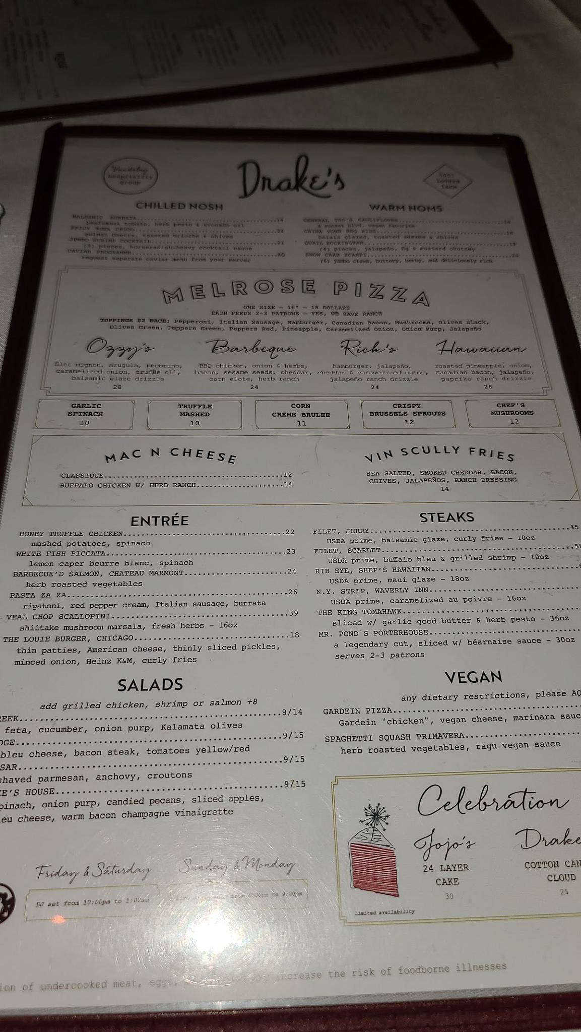 Menu at Drake's Hollywood restaurant, Dallas