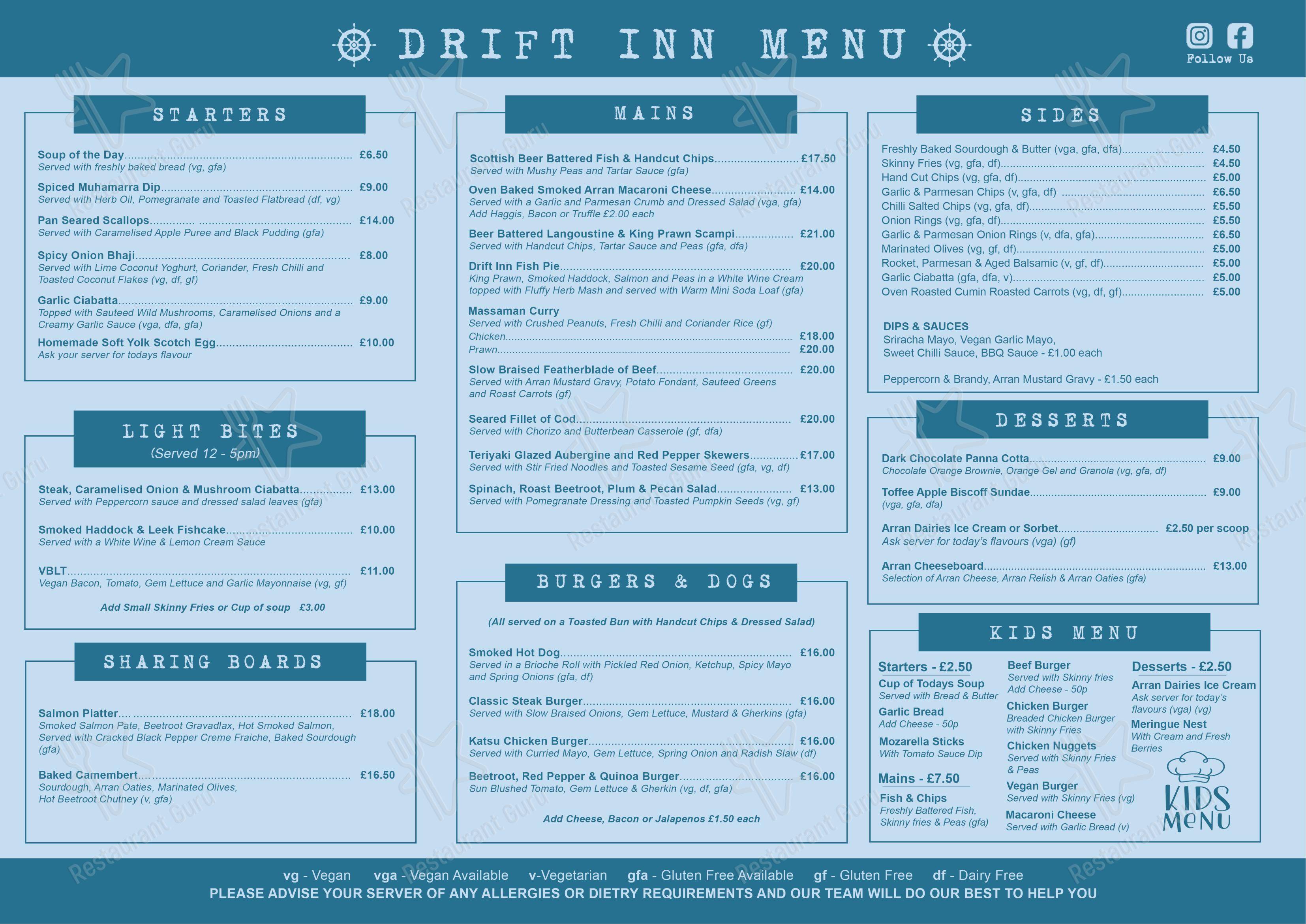 Menu at Drift Inn pub & bar, Lamlash