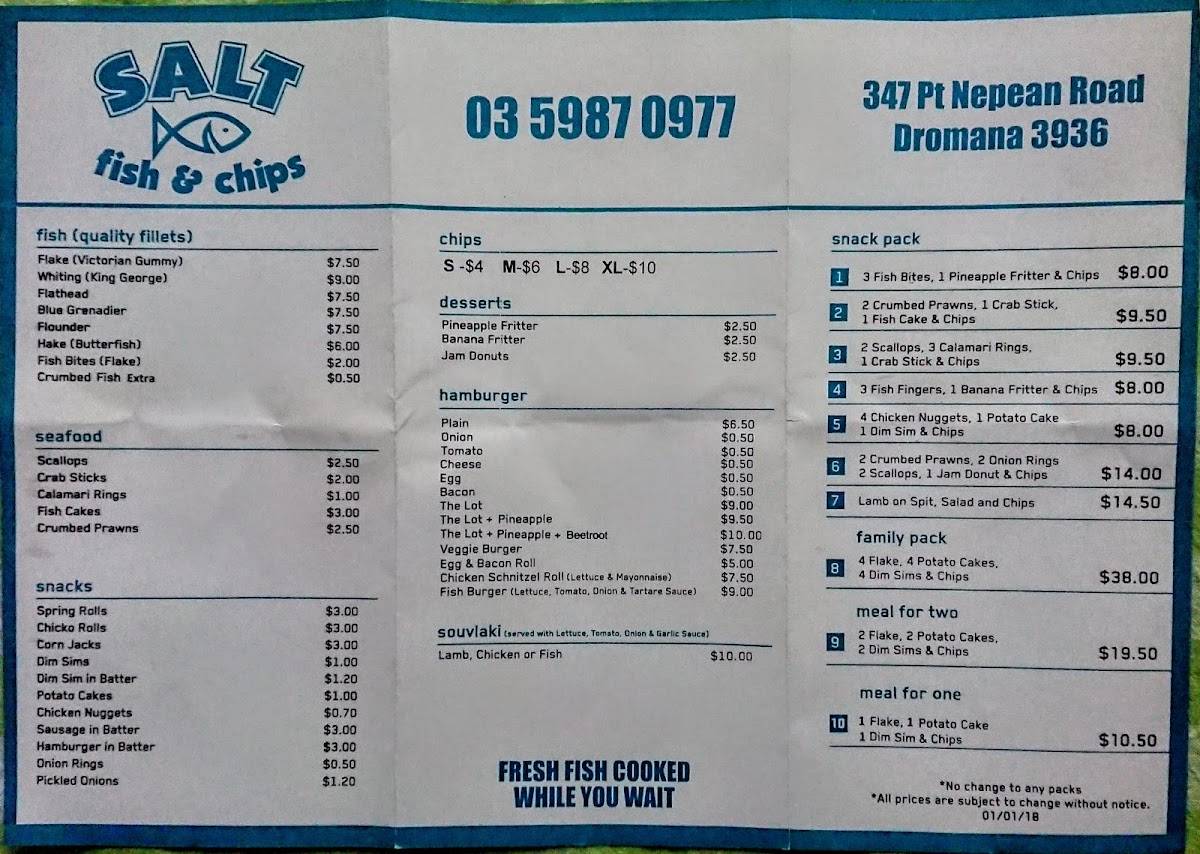 Menu at Salt Fish & Chips restaurant, Dromana