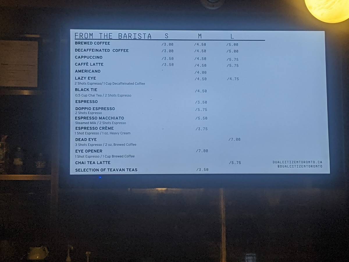 Menu at Dual Citizen restaurant, Toronto