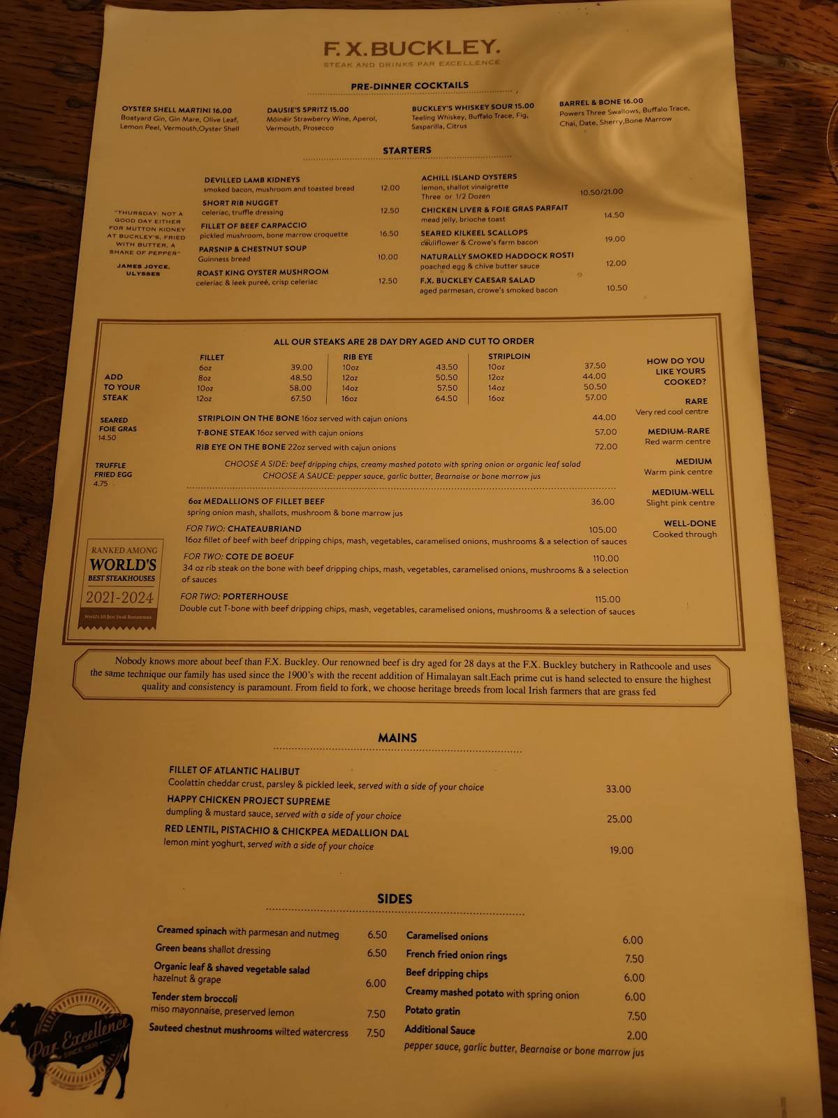 Menu at F.X. Buckley Steakhouse Pembroke Street, Dublin, 1A Pembroke ...