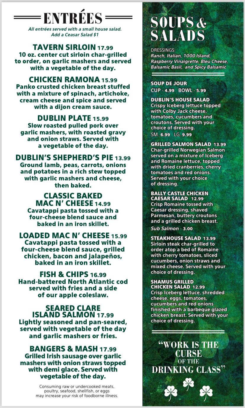 Menu at Dublin Square pub & bar, East Lansing