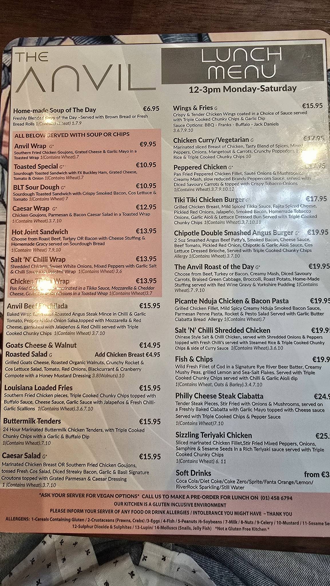 Menu at The Anvil Restaurant, Saggart