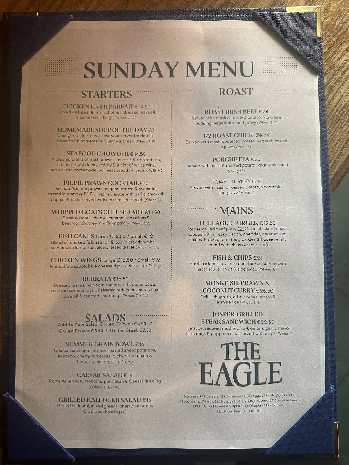 Menu at The Eagle pub & bar, Dublin