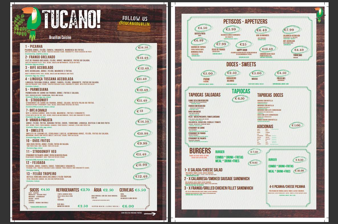 Menu at Tucano Restaurant, Dublin