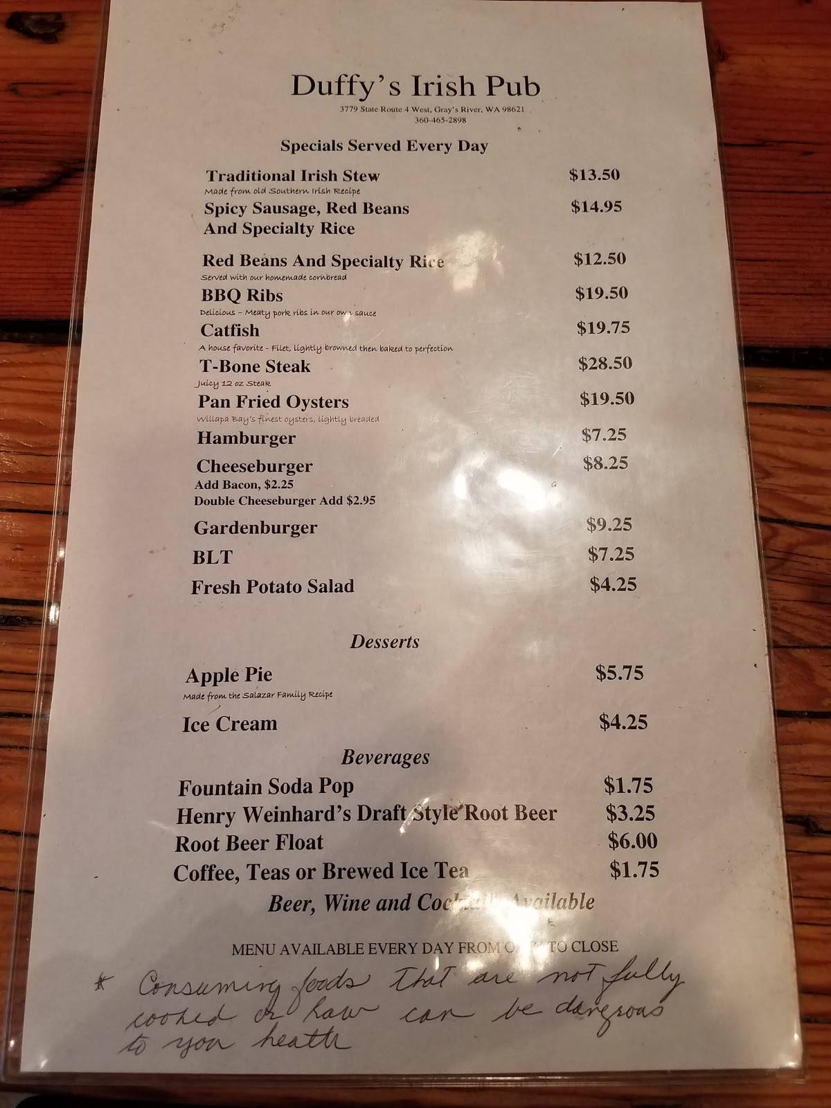 Carta de Duffy's Irish Pub, Grays River, WA-4 W