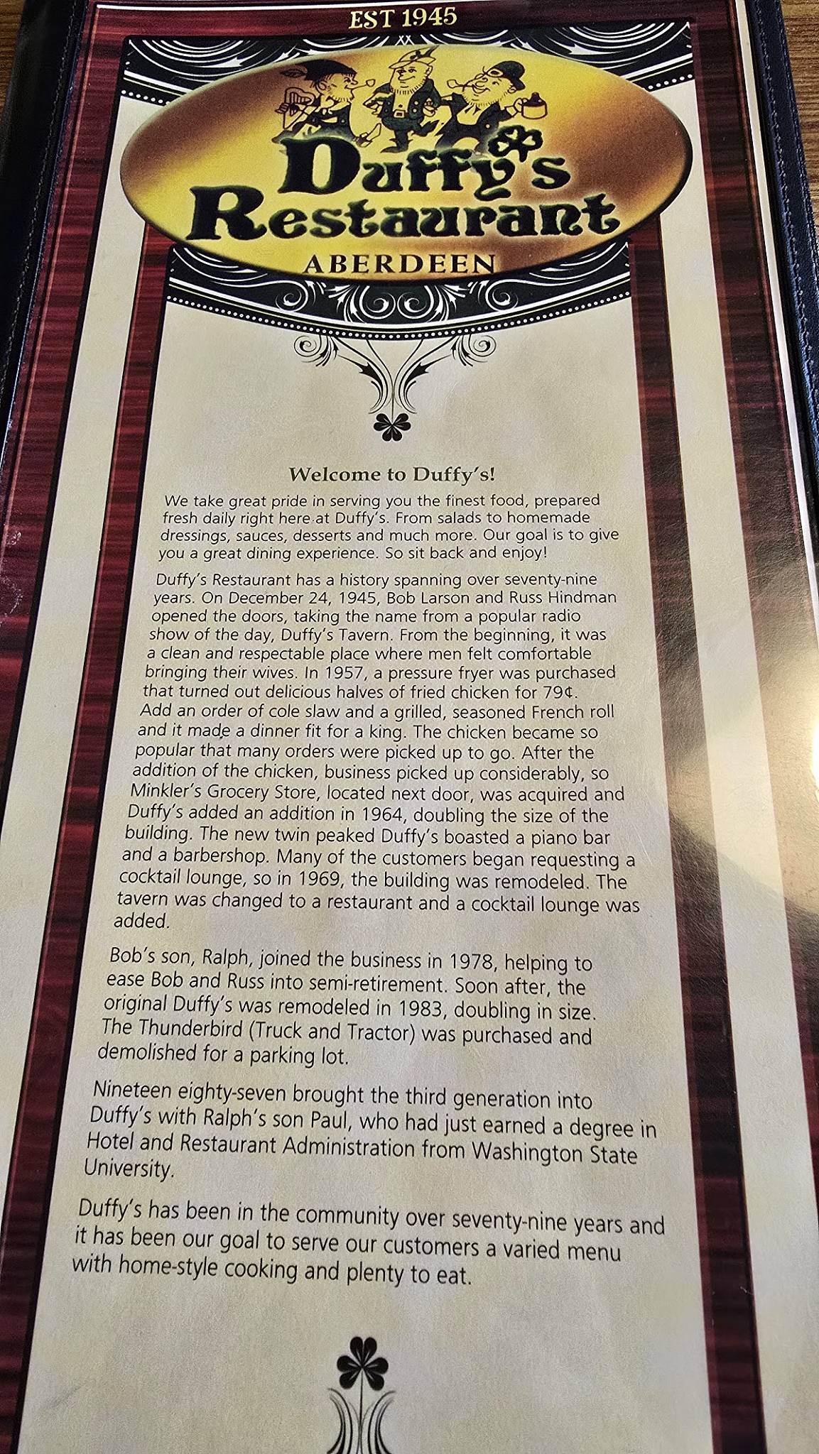 Menu at Duffy's restaurant, Aberdeen, Simpson Ave