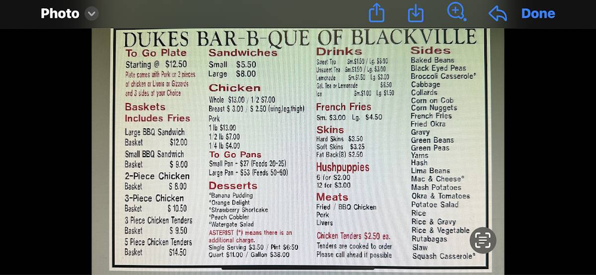 Menu at Dukes BBQ of Blackville, Blackville