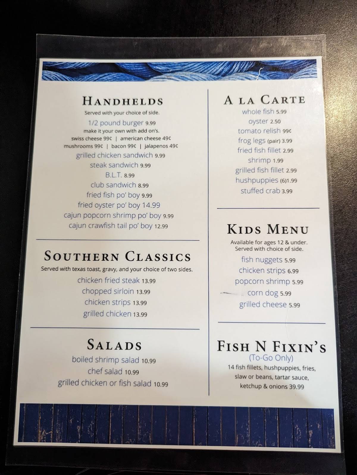 Menu at Duke's Fish Shack restaurant, Longview