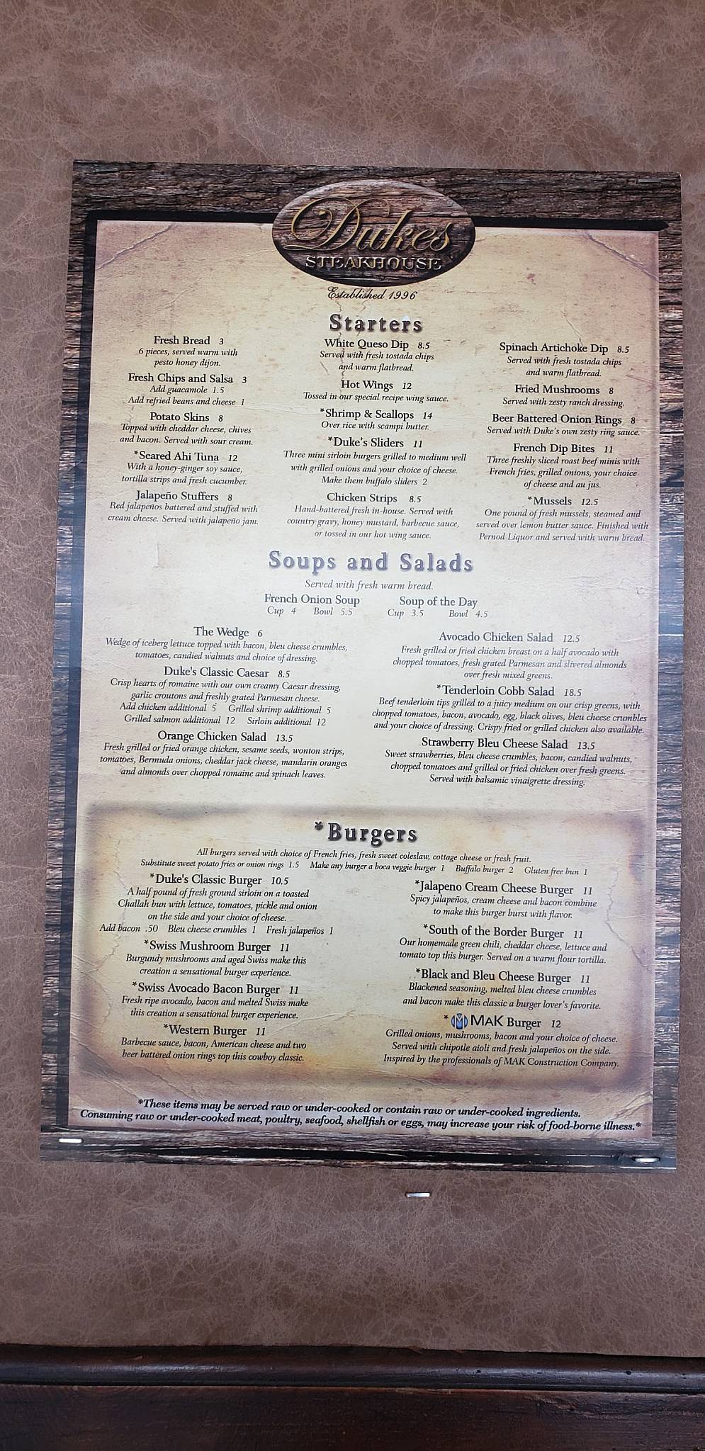 Menu at Duke's Steakhouse, Castle Pines