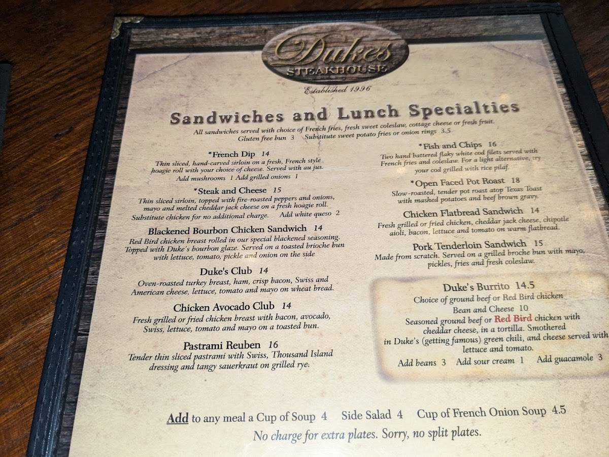 Menu at Duke's Steakhouse, Castle Pines
