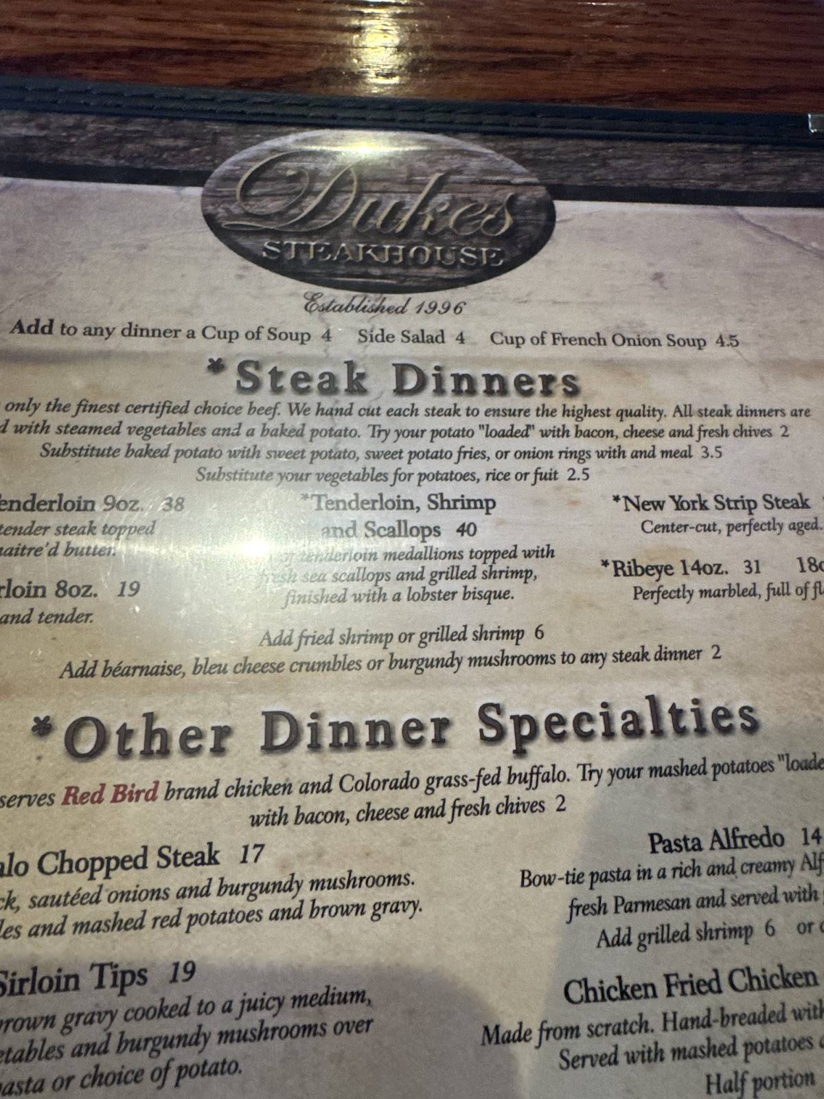 Menu at Duke's Steakhouse, Castle Pines