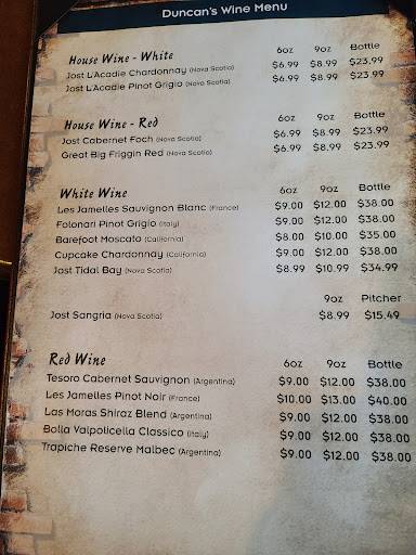 Menu at Duncan's Pub, Amherst, 49 Victoria St E