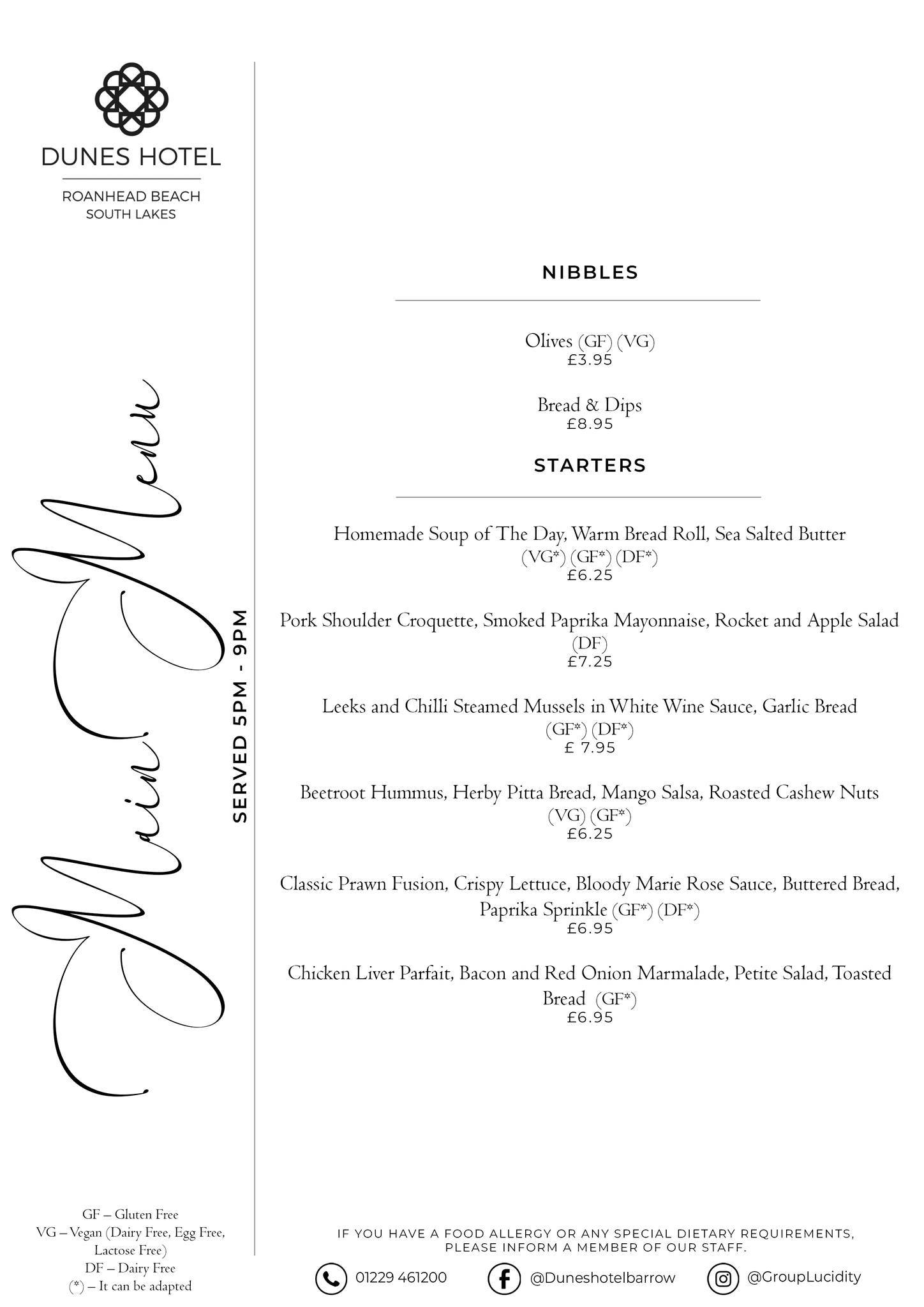 Menu at Dunes Hotel restaurant, Barrow-in-Furness