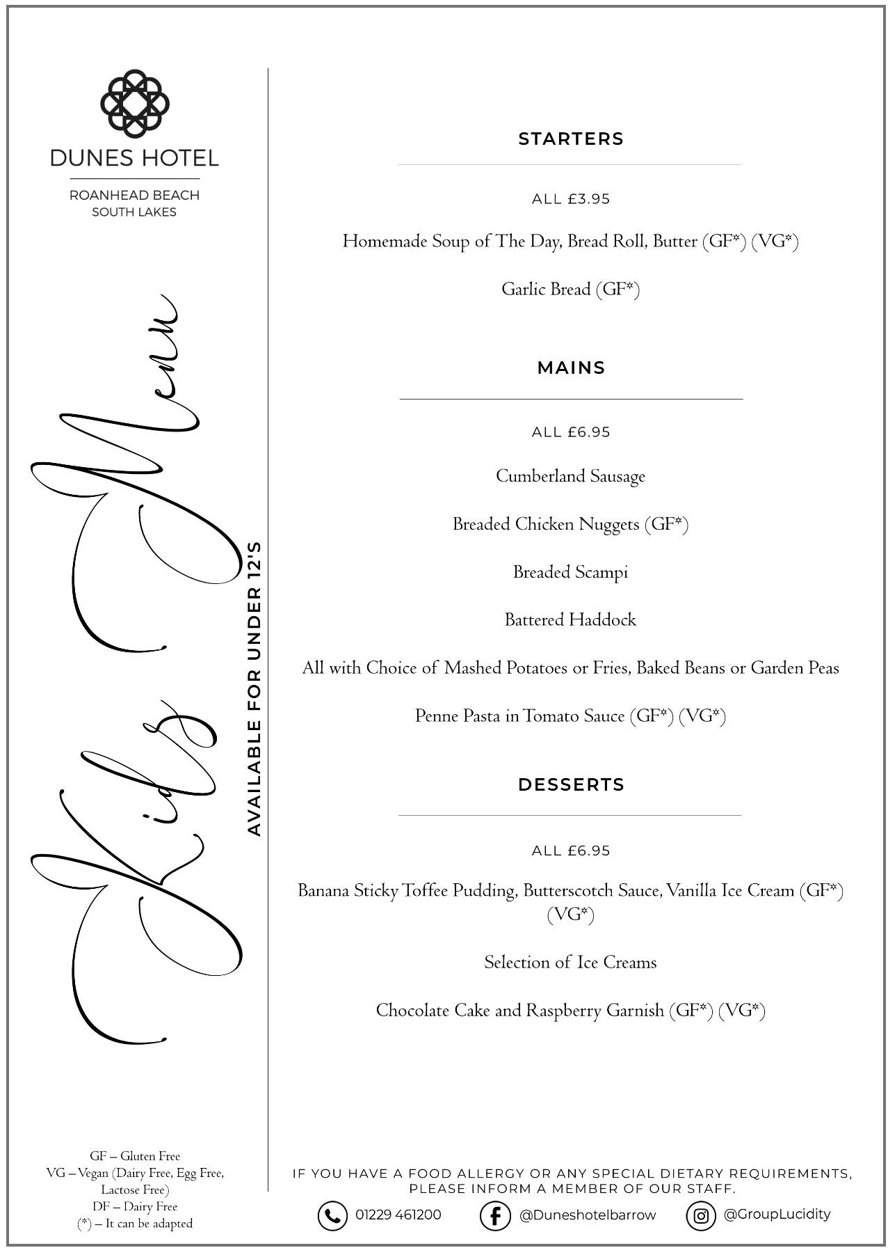 Menu at Dunes Hotel restaurant, Barrow-in-Furness