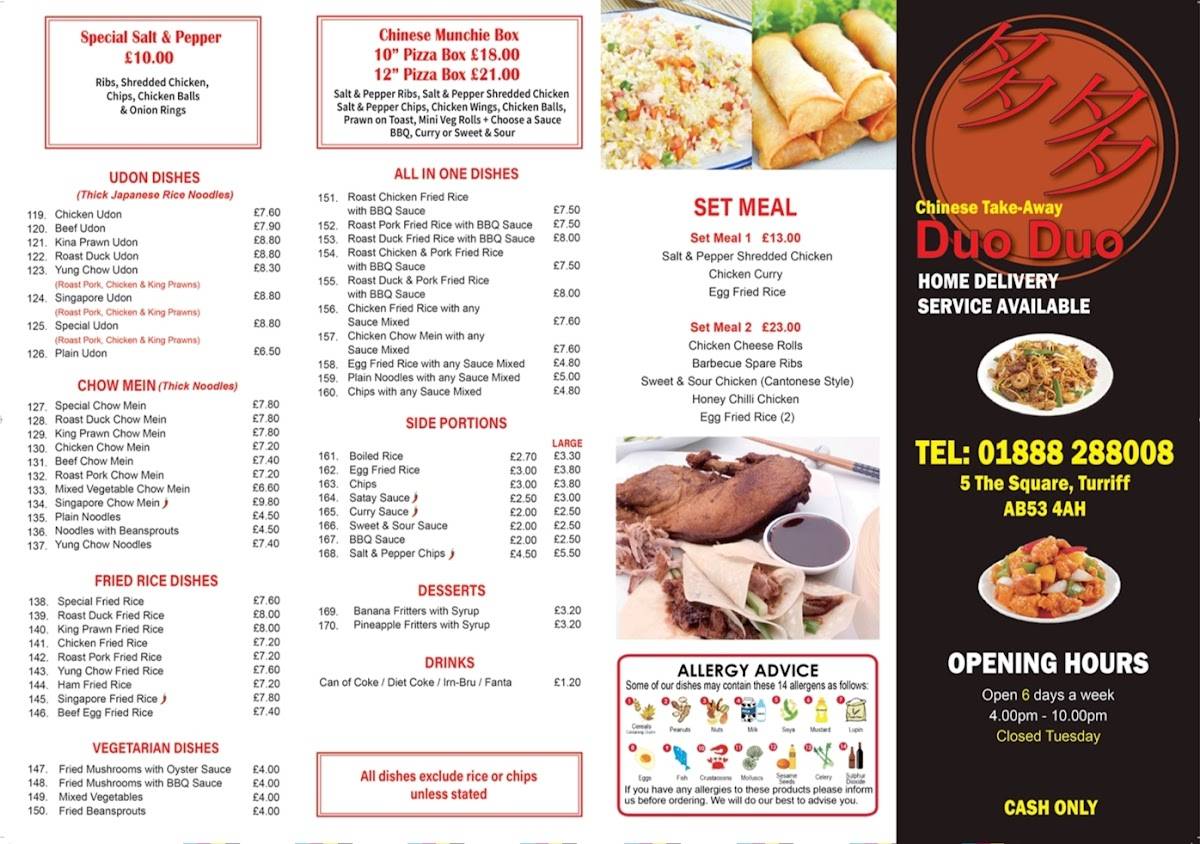 Menu at Duo Duo Chinese, Turriff