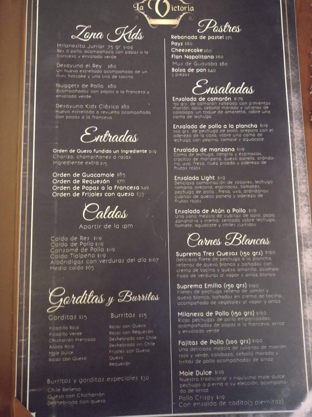 Carta de Restaurante La Victoria, Durango