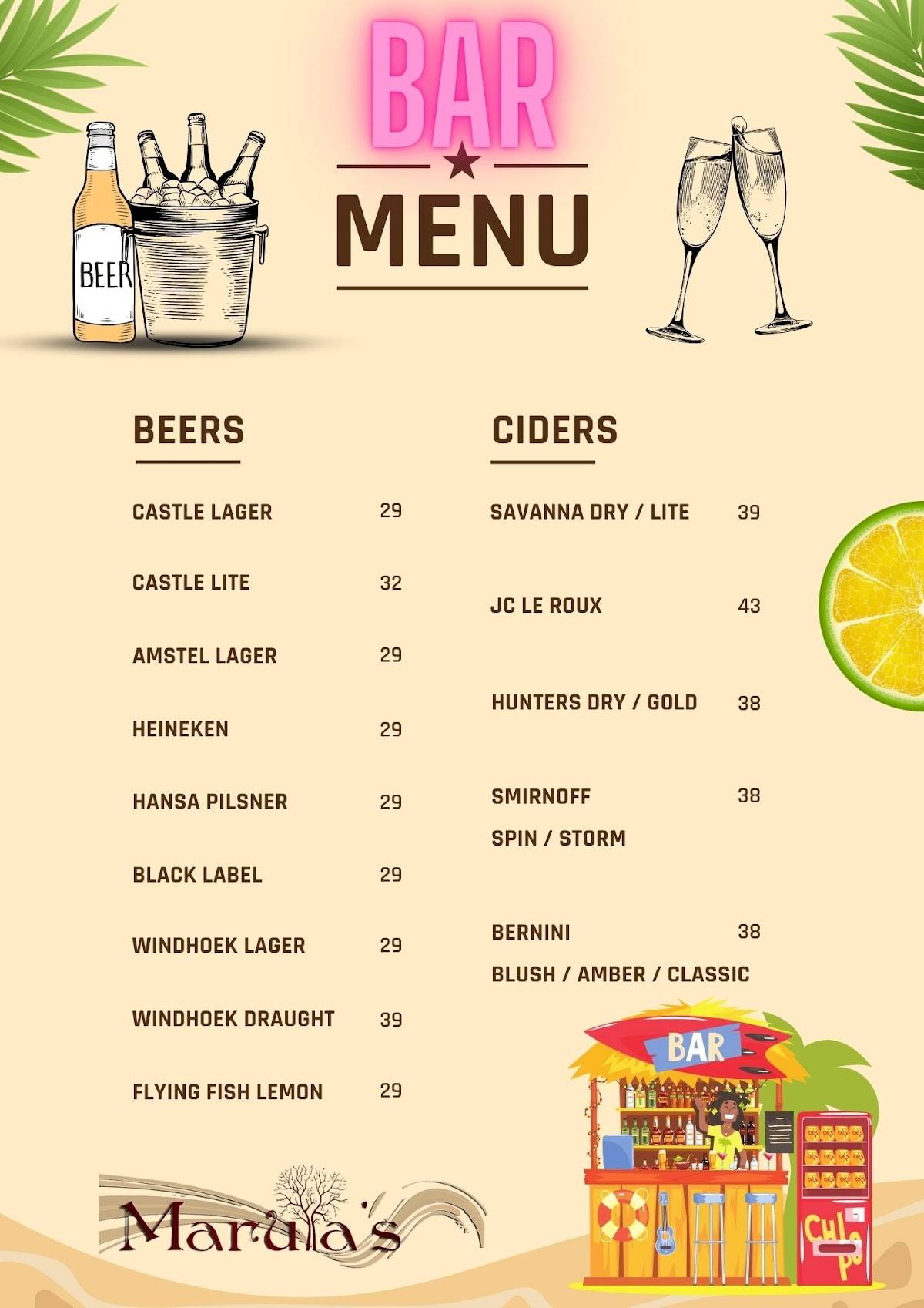 Menu at Marula Coffee Shop restaurant, Durban