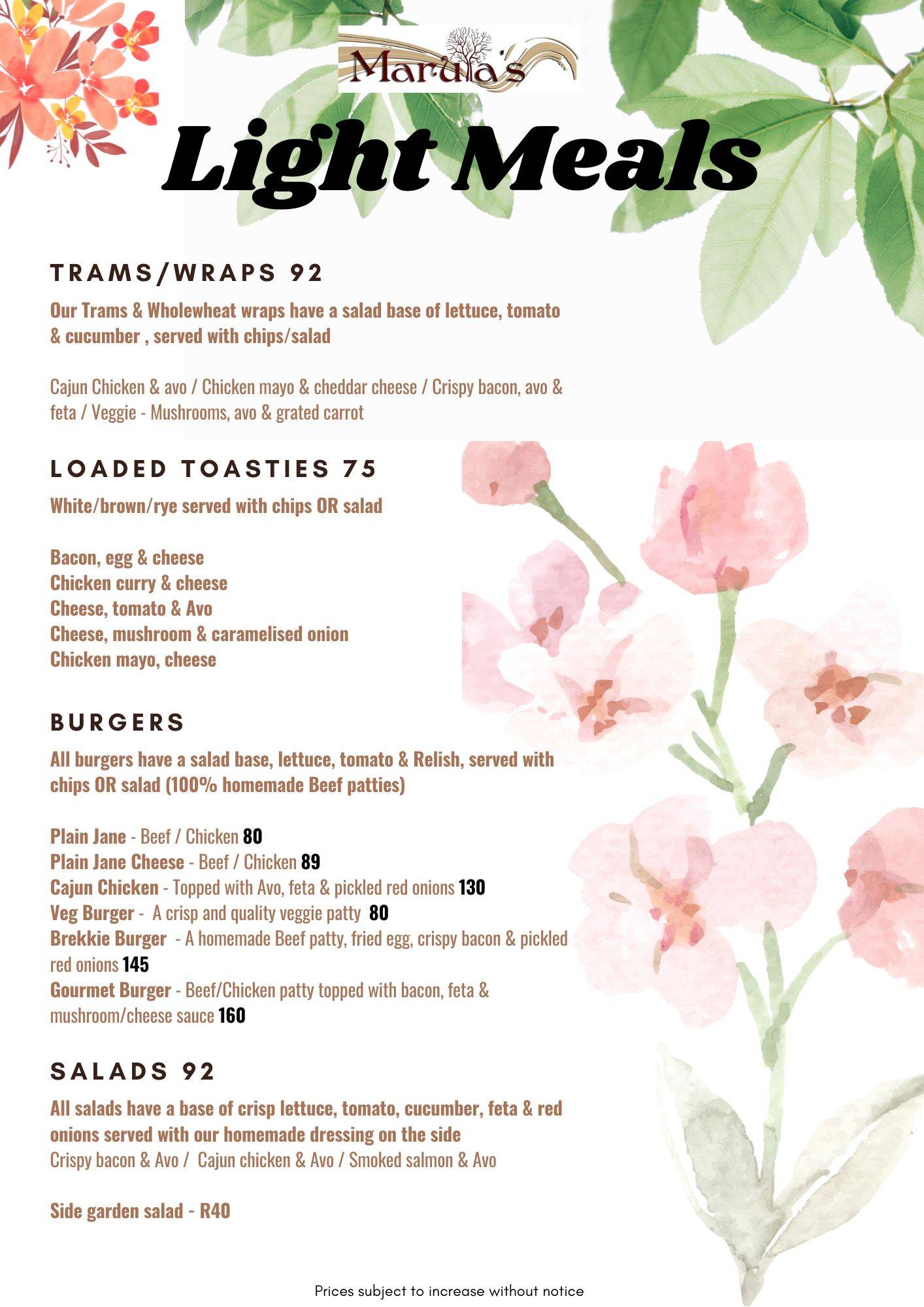 Menu at Marula Coffee Shop restaurant, Durban
