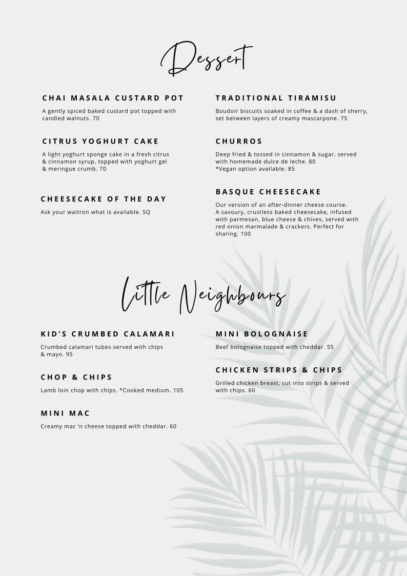 Menu at Neighbourhood Cafe & bar, Durban North