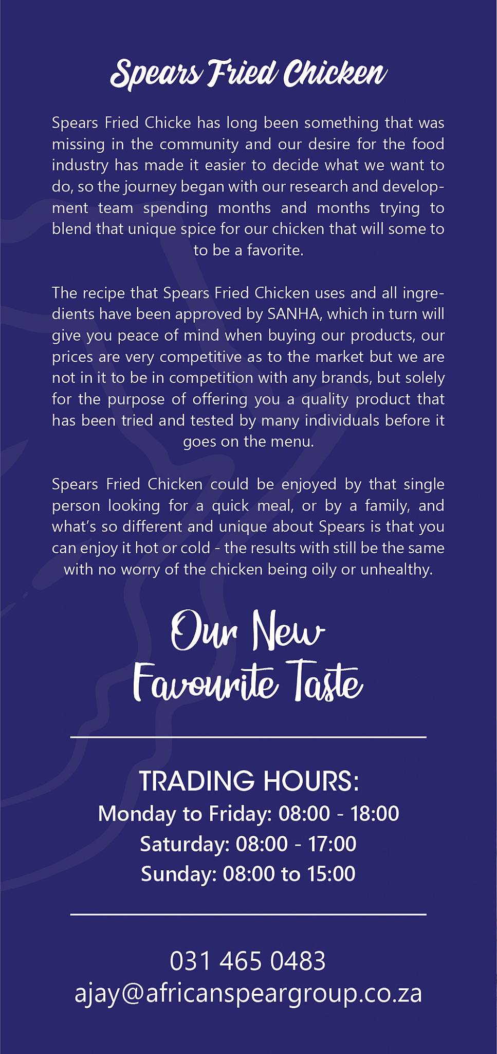 Menu at Spears Fried Chicken restaurant, Durban