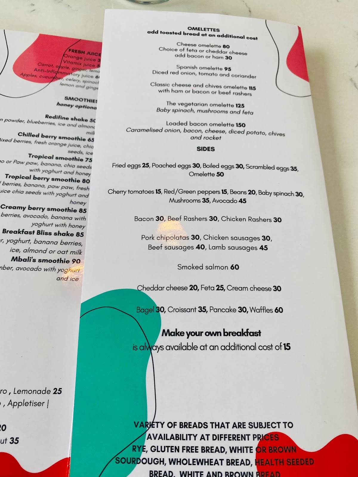 Menu at The Breakfast Room restaurant, Durban, 162 Mahatma Gandhi Rd