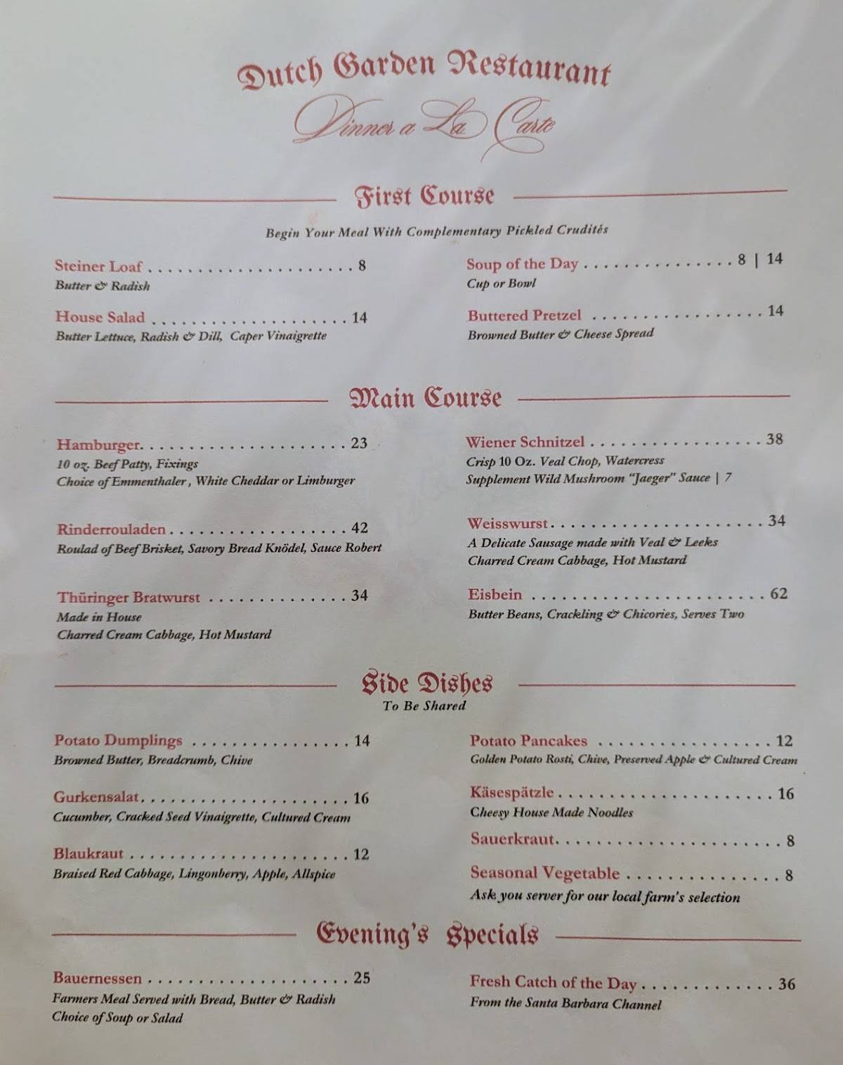 Menu at Dutch Garden Restaurant, Santa Barbara
