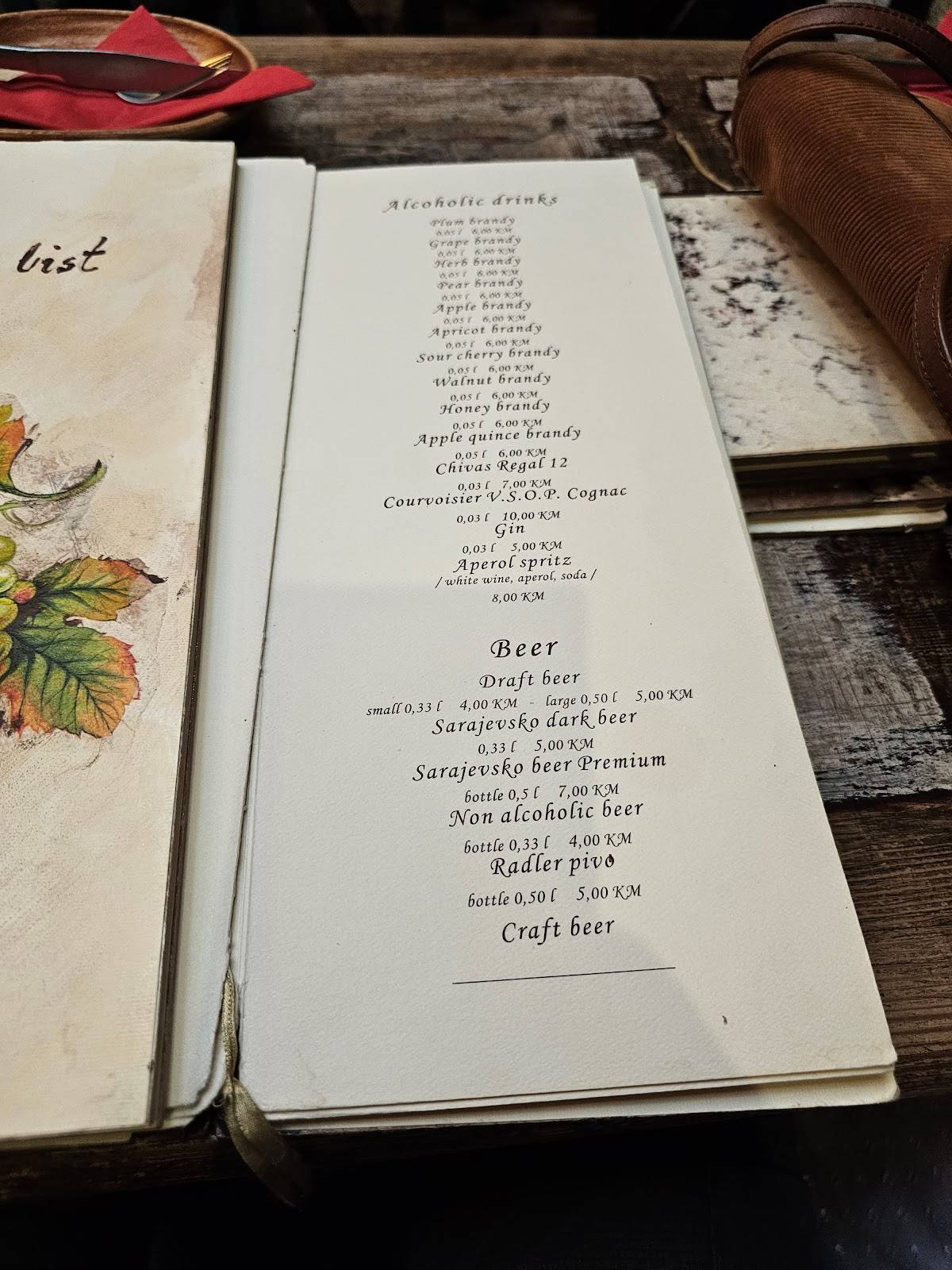 Menu at Dveri restaurant, Sarajevo