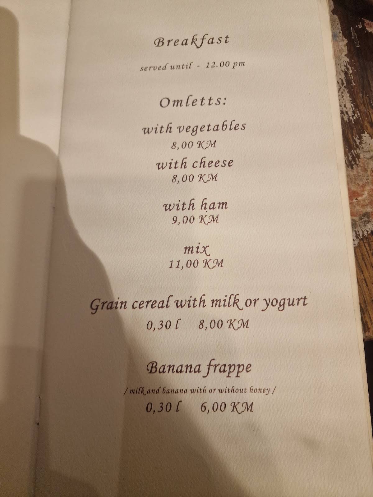 Menu at Dveri restaurant, Sarajevo