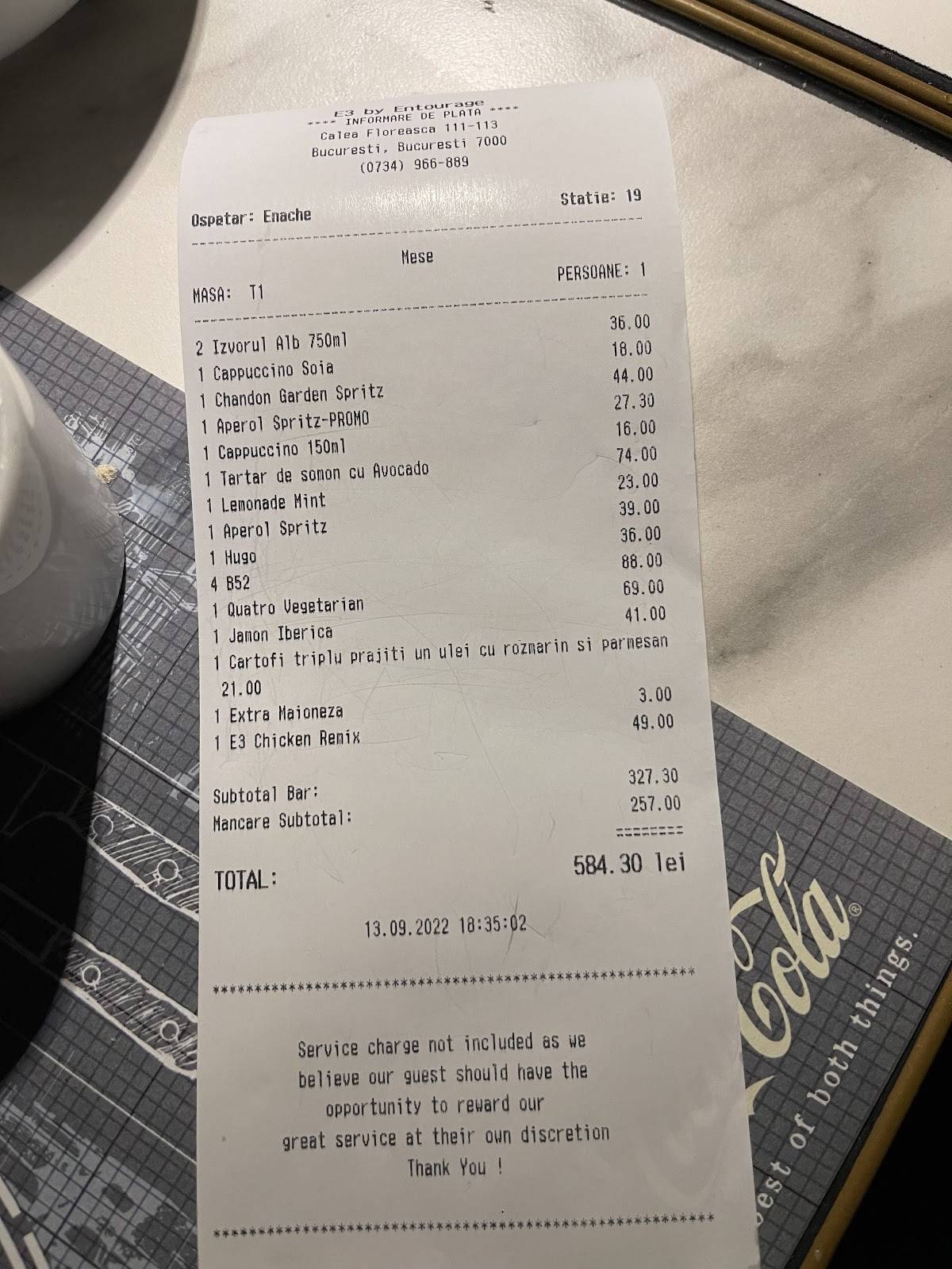 Menu at E3 by Entourage, Bucharest