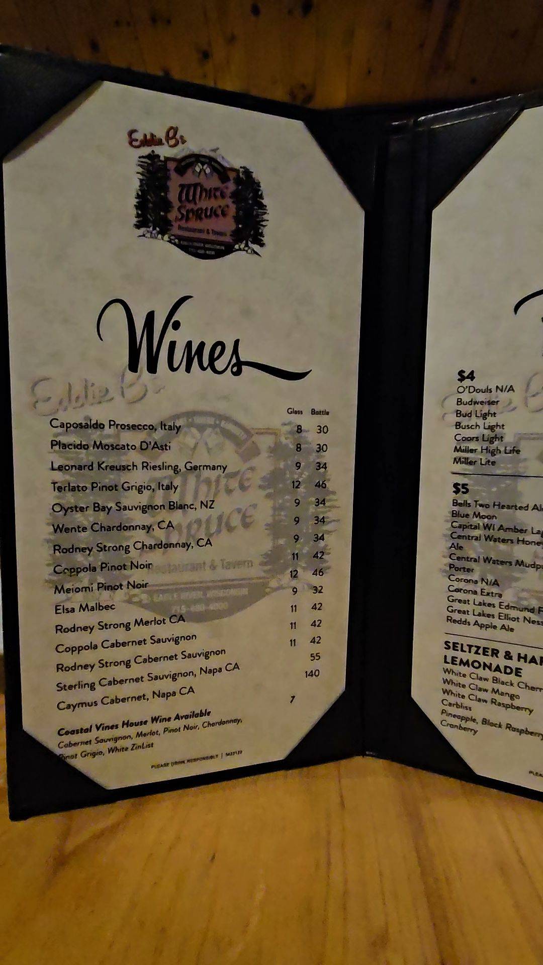 Menu at Eddie B's White Spruce Inn restaurant, Eagle River