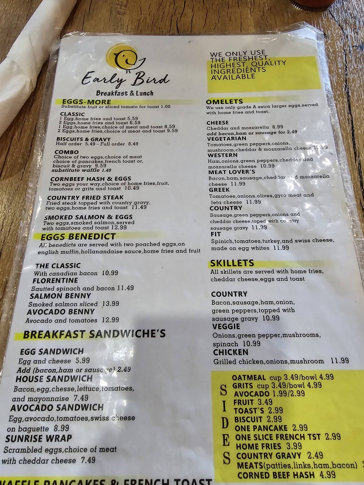 Menu at Early Bird restaurant, Pinellas Park