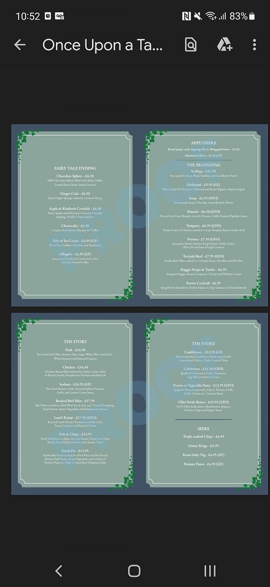 Menu at Once upon a Table restaurant, Glasgow