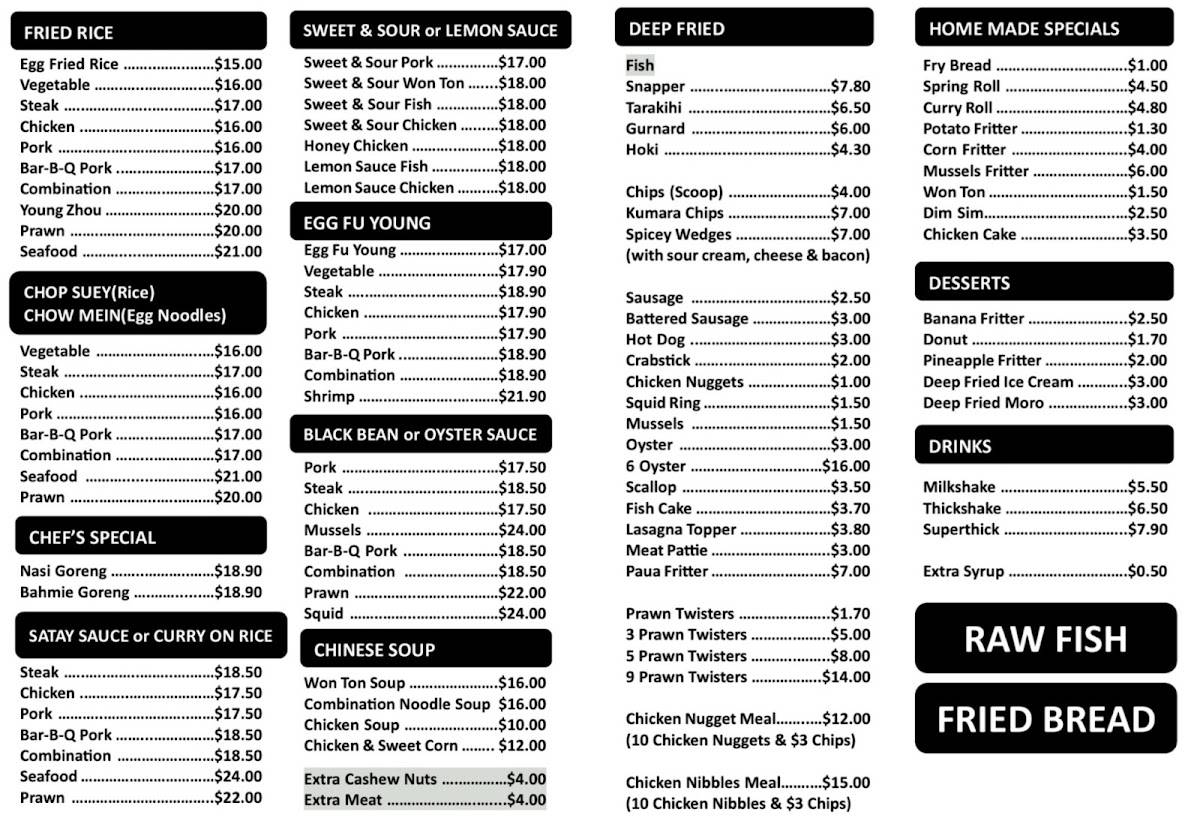 Menu at East west takeaways restaurant, Tokoroa