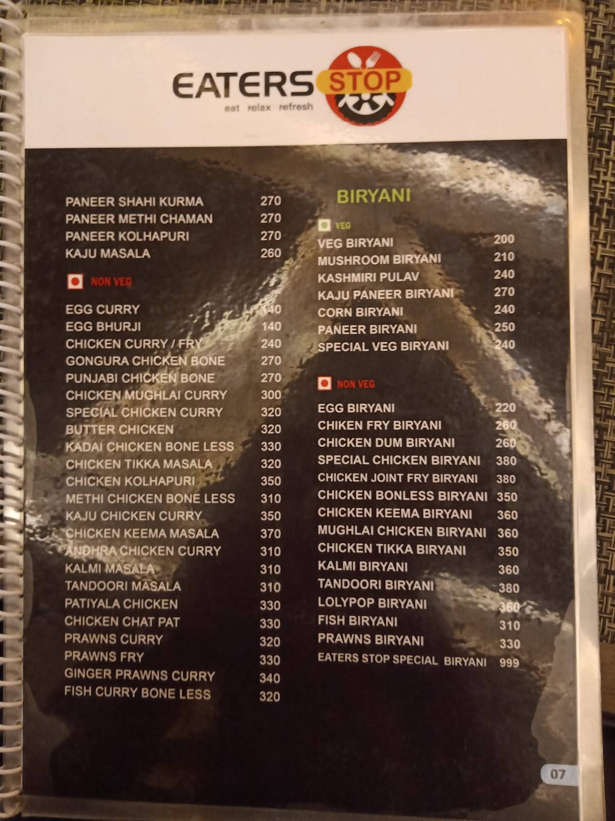Menu at Eaters Stop Gajuwaka, Visakhapatnam