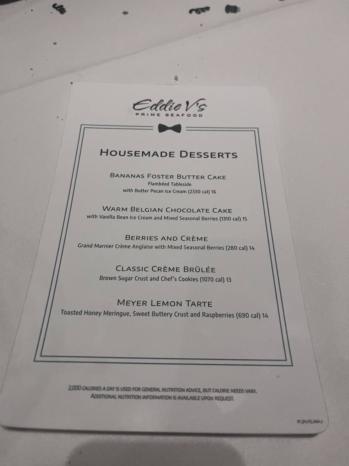 Menu at Eddie V's Prime Seafood steakhouse, Cherry Hill