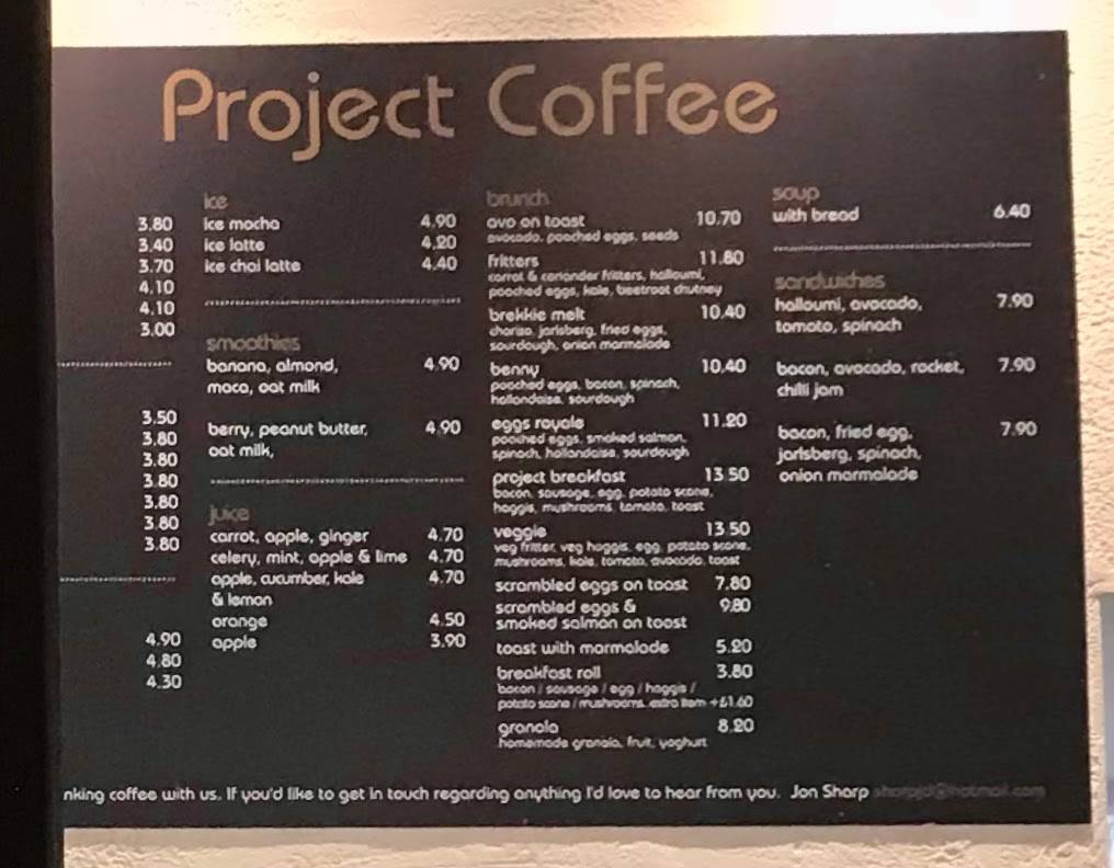 Menu at Project Coffee cafe, Edinburgh
