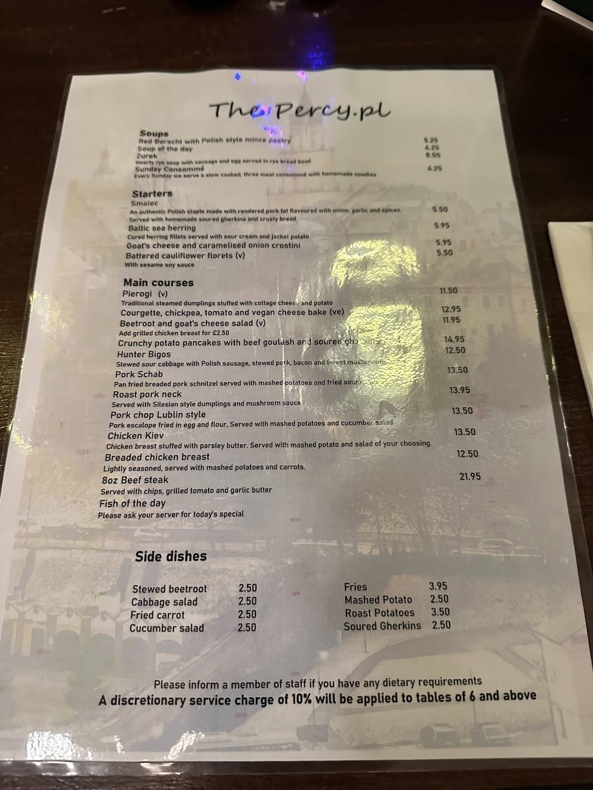 Menu at The Percy restaurant, Edinburgh