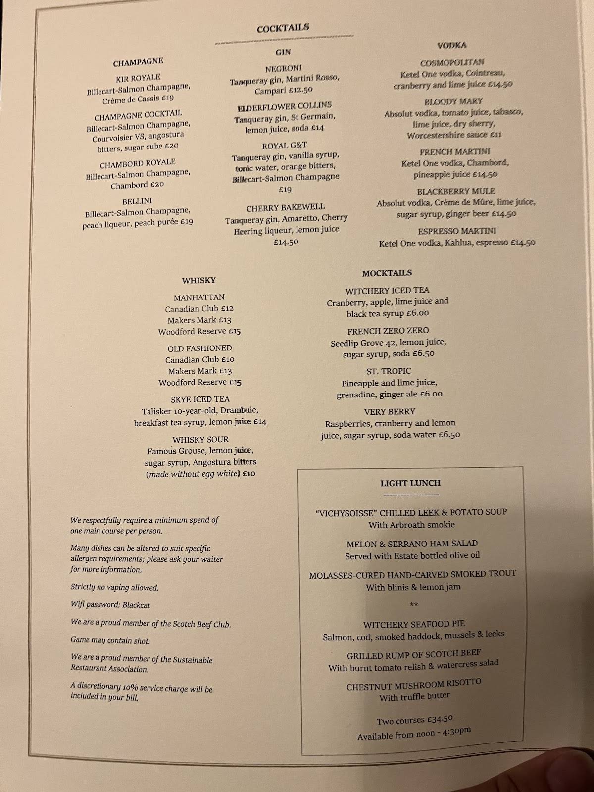 Menu at The Witchery by the Castle restaurant, Edinburgh