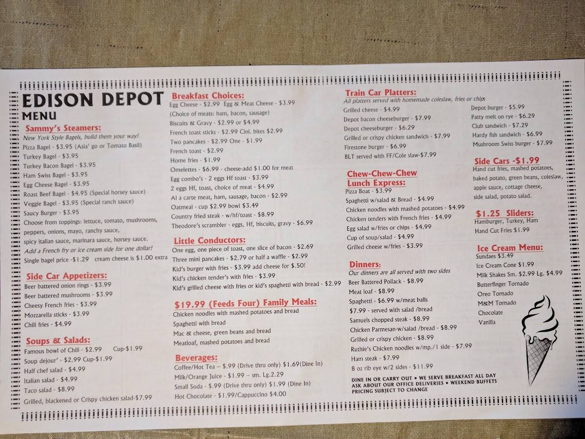 Menu at Edison Depot restaurant, Edison