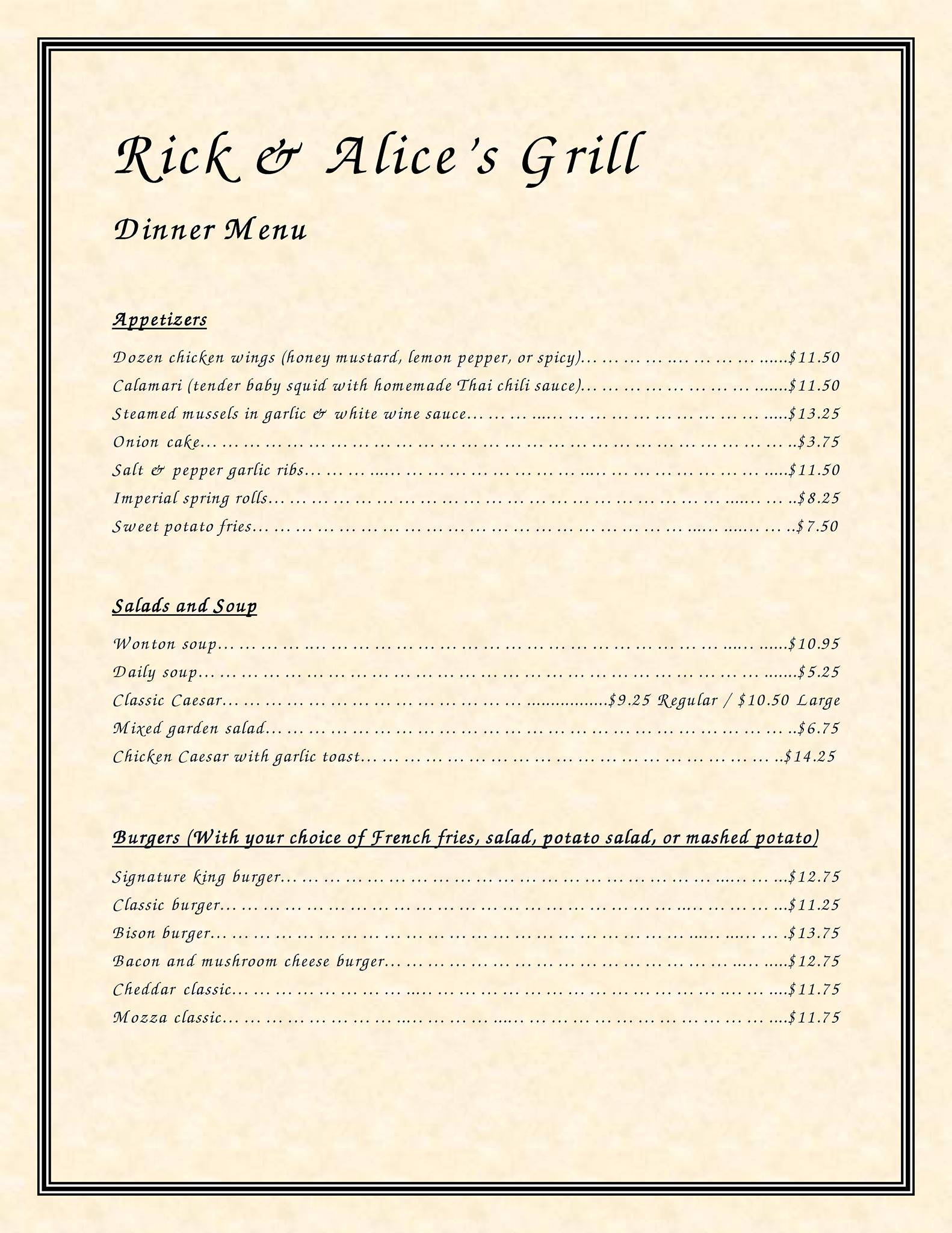 Menu at Rick & Alice's Grill restaurant, Edmonton