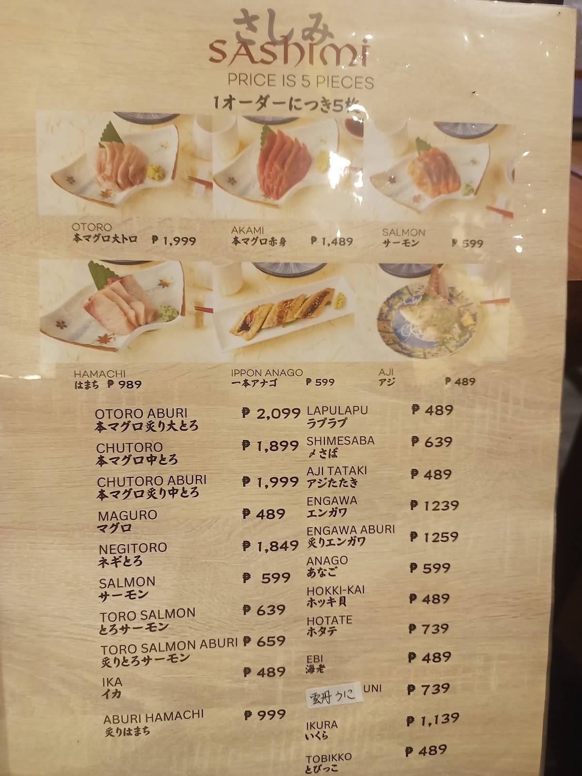 Menu at Edoya restaurant, Makati