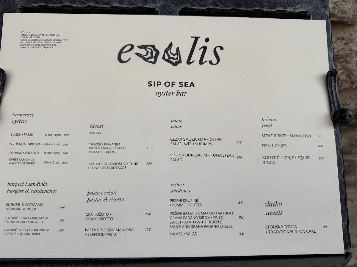 Menu da Edulis oyster bar, Ragusa