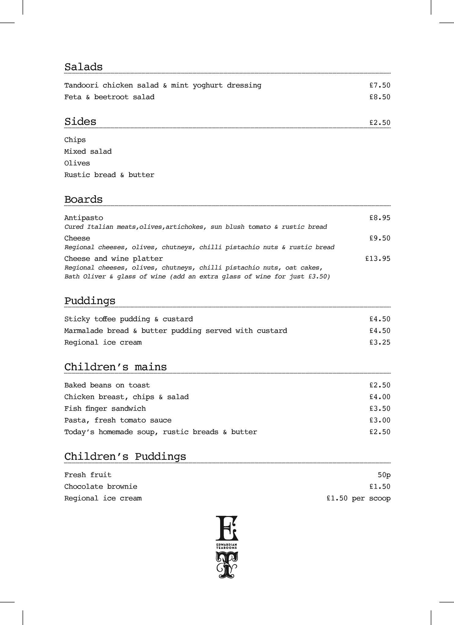 Menu at Edwardian Tea Room cafe, Birmingham