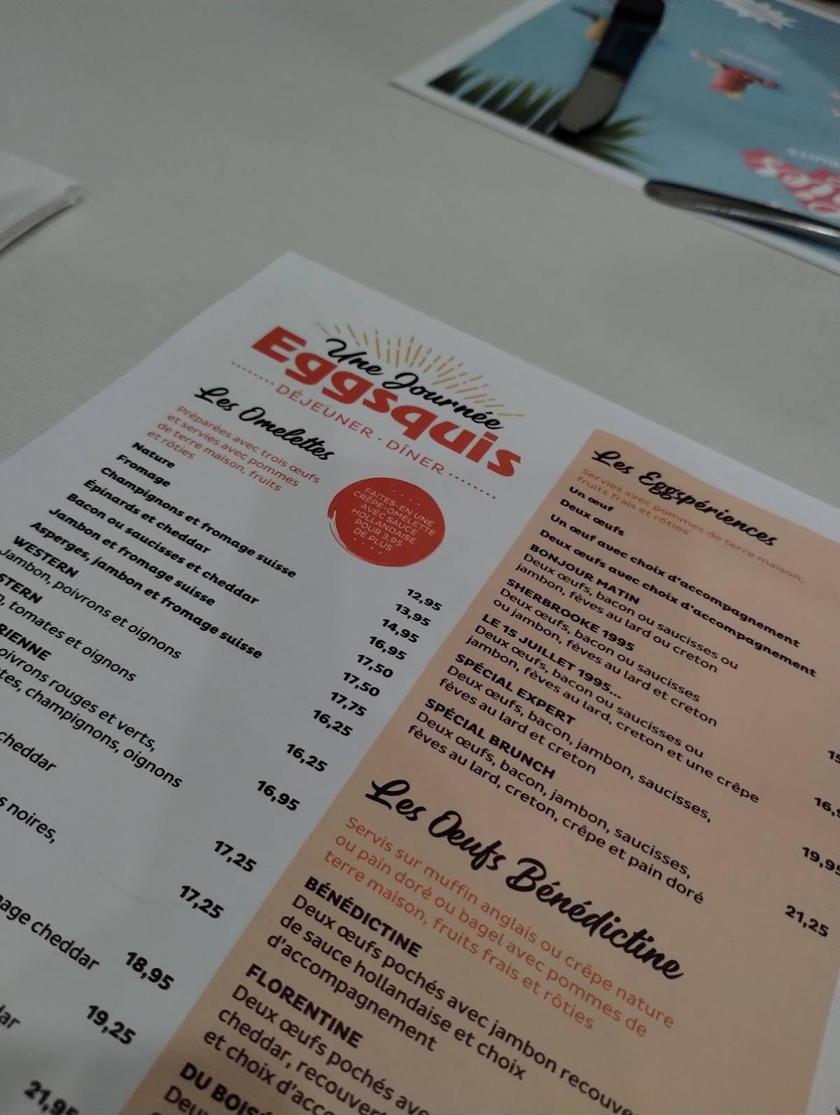 Menu au Eggsquis Rock-Forest restaurant, Sherbrooke, Boul Bourque