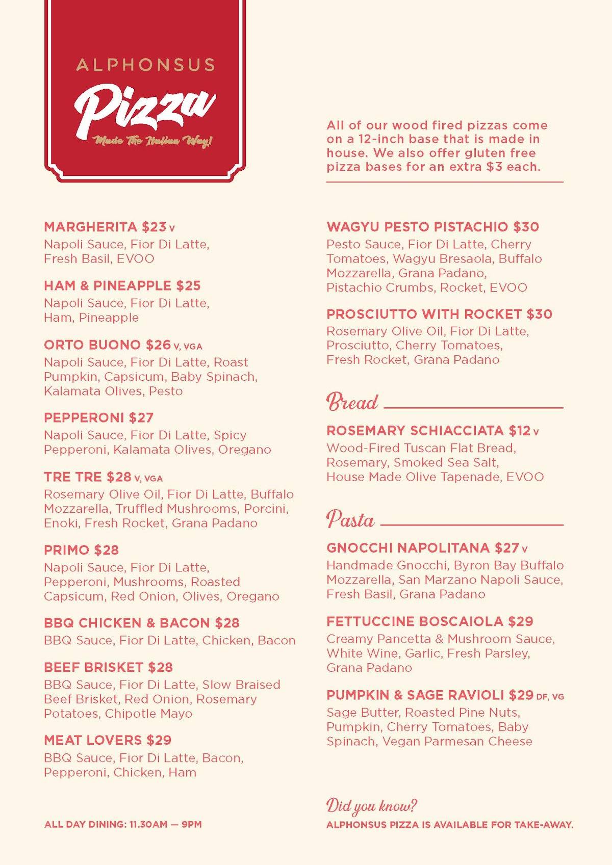 Menu at Alphonsus Pizza pub & bar, Eight Mile Plains