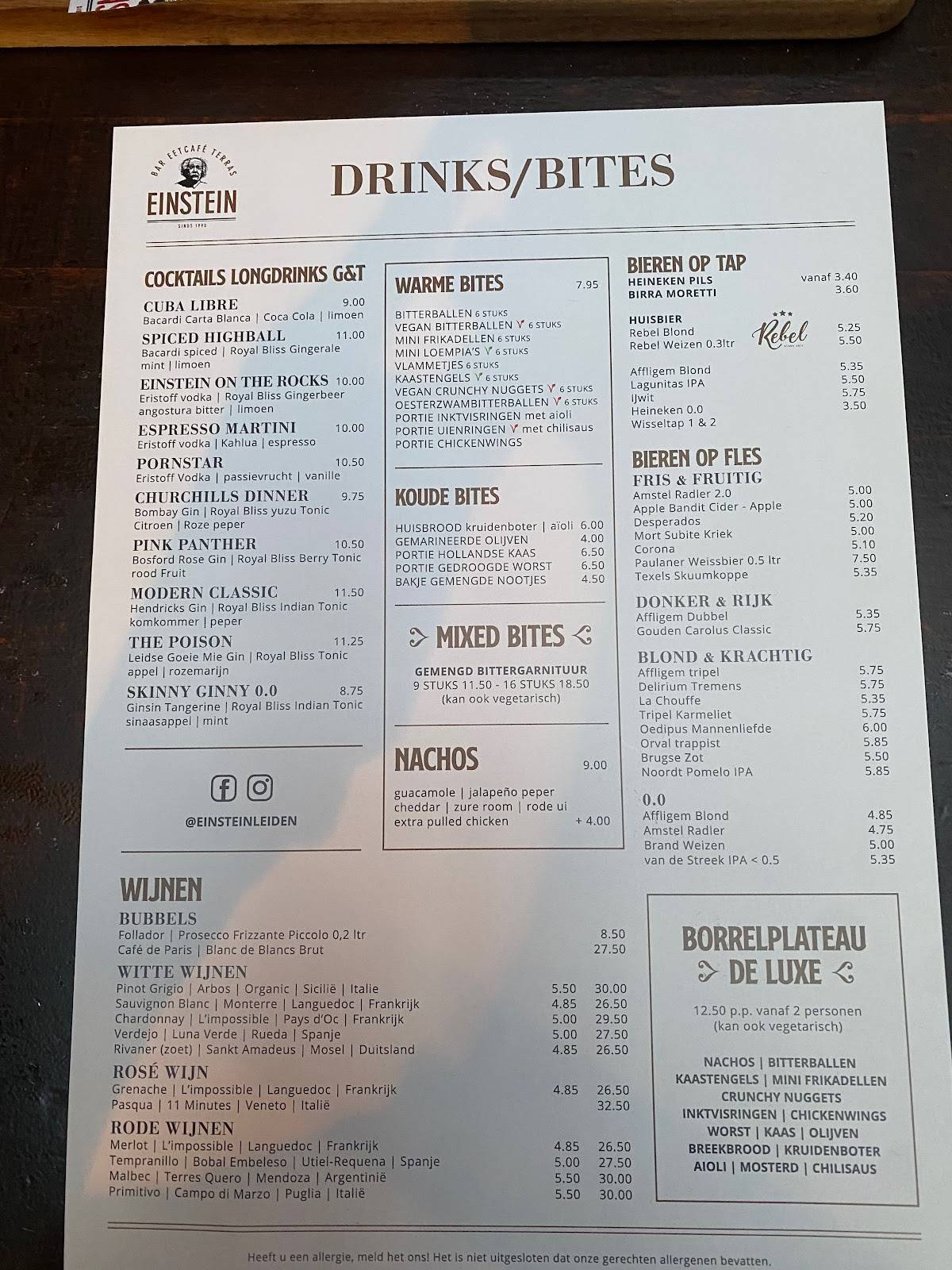 Menu at Einstein Leiden, Leiden